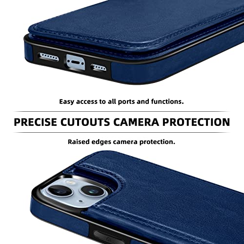 iMangoo for iPhone 14 Case Wallet Credit Card Holder Slots Kickstand, iPhone 13 Flip Cases PU Leather Cash Pocket for Men Women Double Magnet Clasp Protective Phone Cover for iPhone 14 13 6.1" Blue