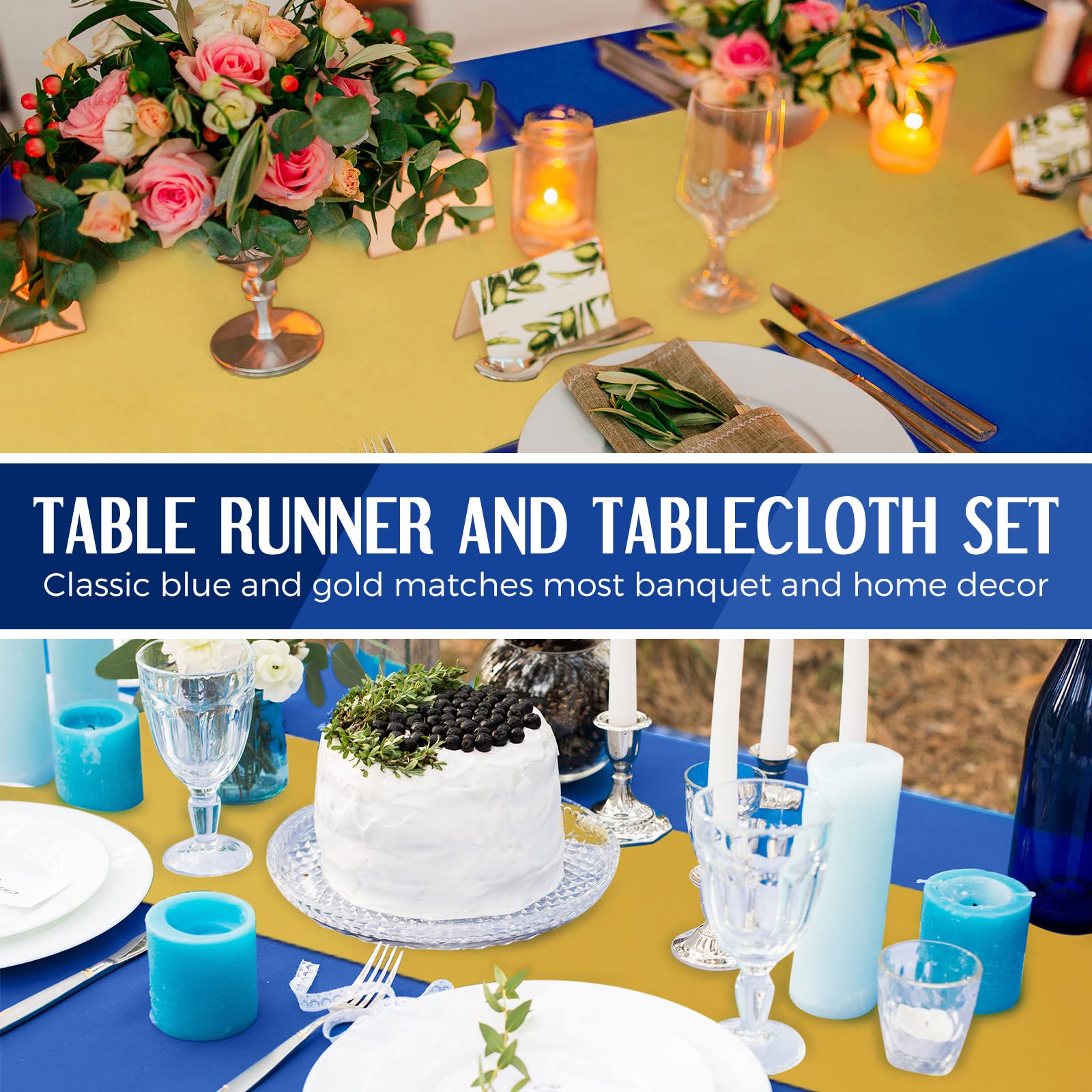 Breling 8 Pack Navy Blue and Gold Disposable Plastic Tablecloths and Satin Table Runner Set, 54 x 108 Inch Tablecloth, 12 x 108 Inch Table Runners for Wedding Graduation Birthday Baby Shower New Year