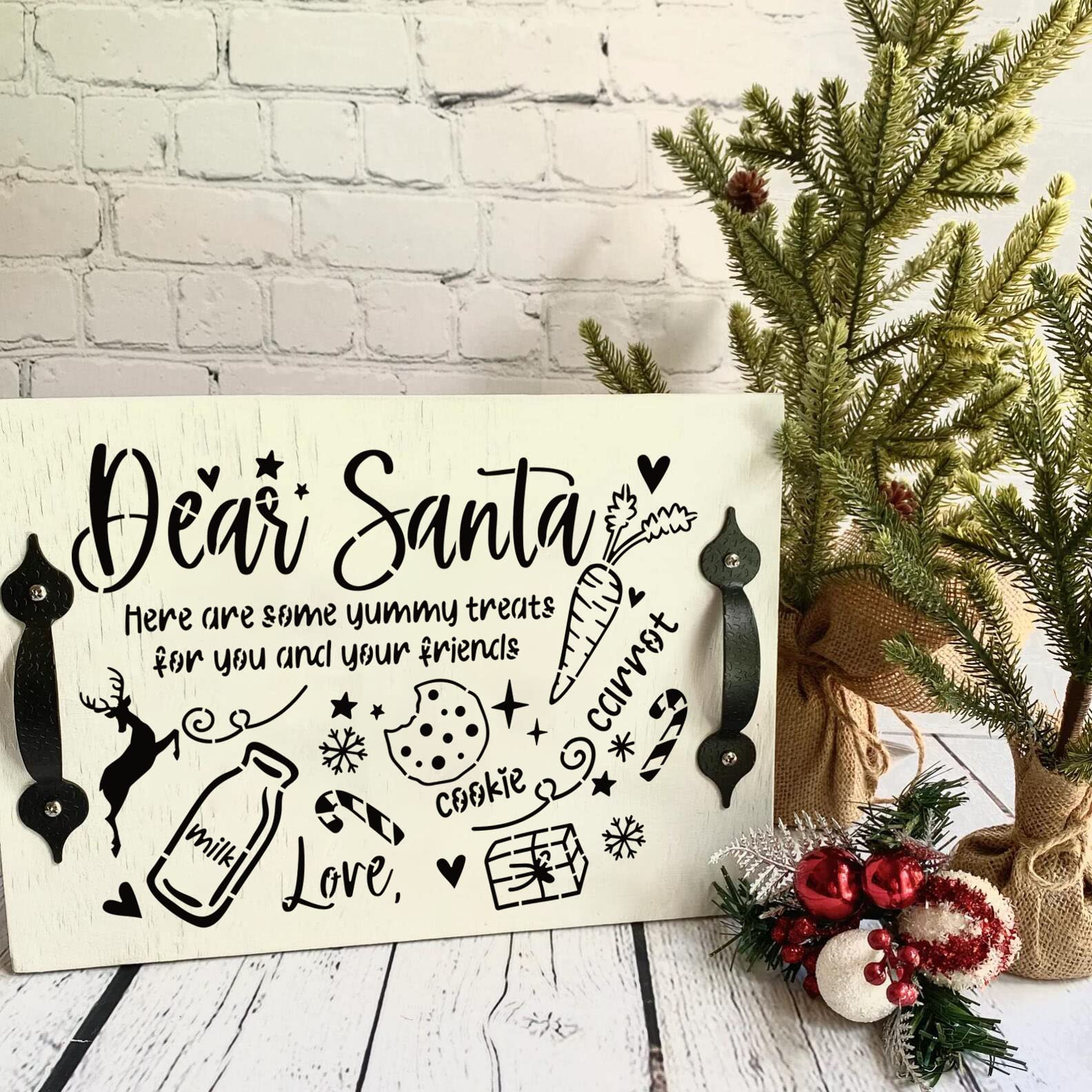 Christmas Santa Tray Stencils for Painting on Wood,Reusable Xmas Dear Santa Tray Stencil Drawing Templates for Serving Tray/Plate/Round Wood