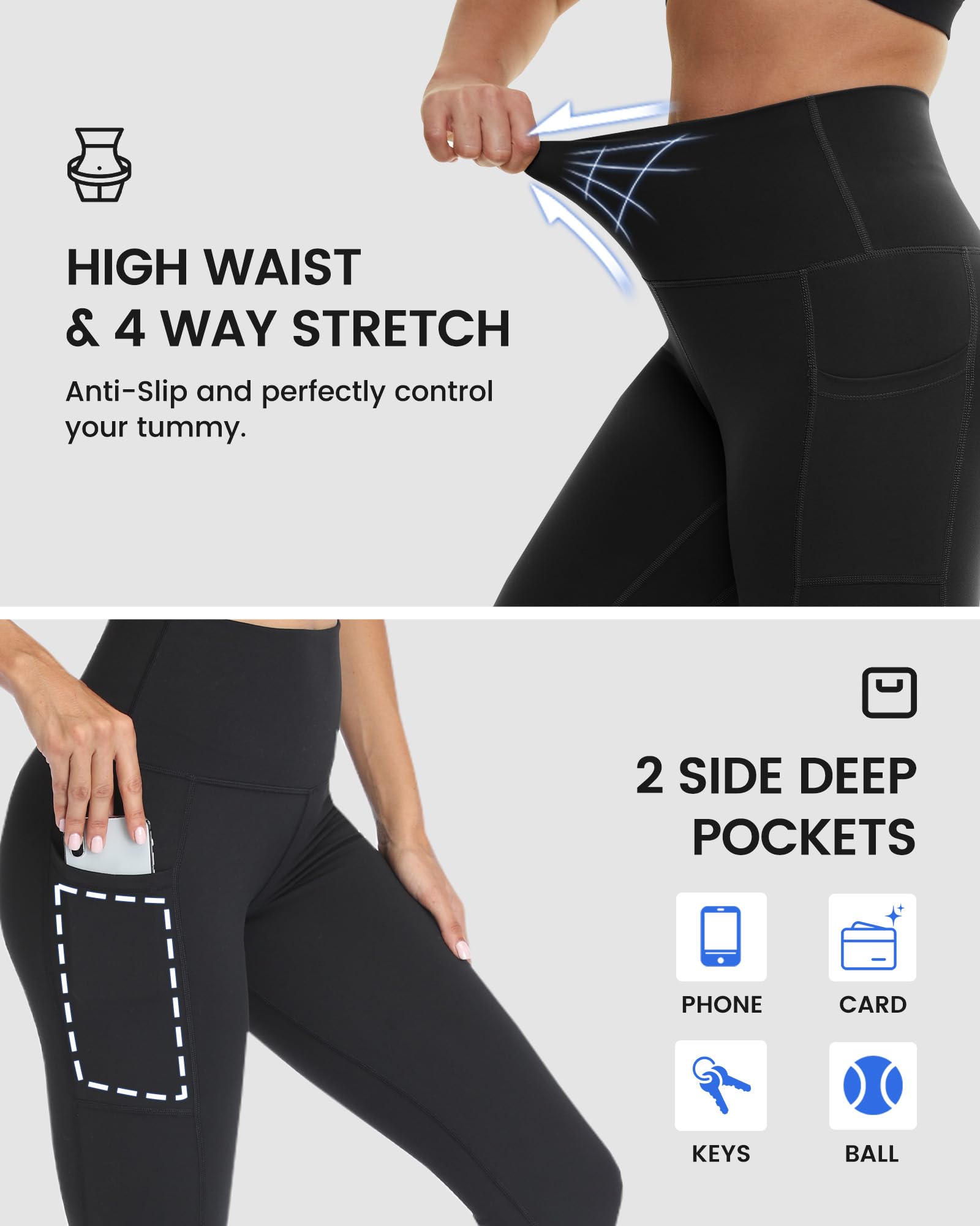3 Packs Leggings with Pockets for Women, Soft High Waisted Tummy Control Workout Yoga Pants (Reg & Plus Size)