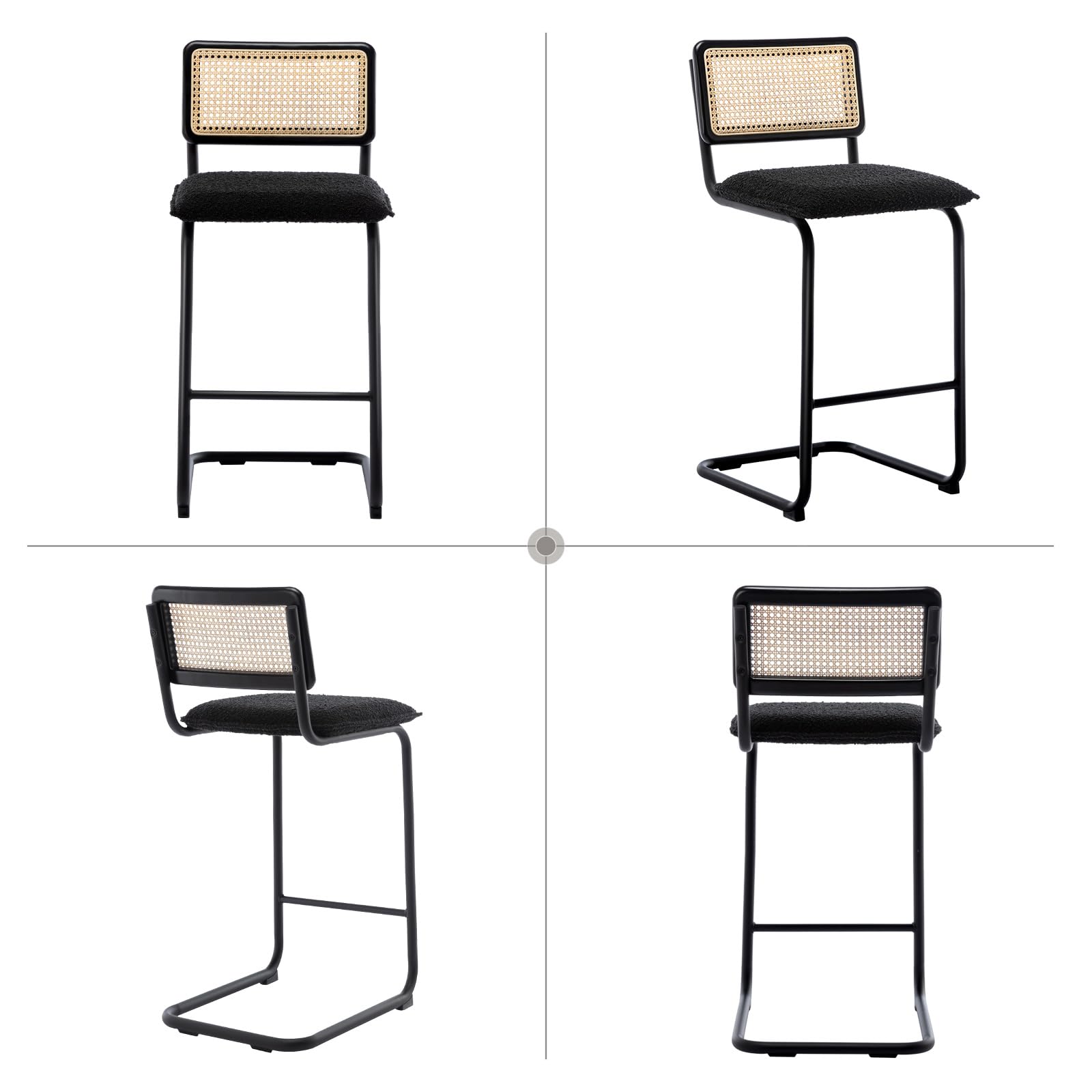 ONEVOG Boucle Rattan Bar Stools Set of 2, 29'' Bar Height Stools with Natural Cane Back, Solid Wood Frame Bar Chairs with Chrome Legs, Cantilevered Design Upholstered Stools, Black