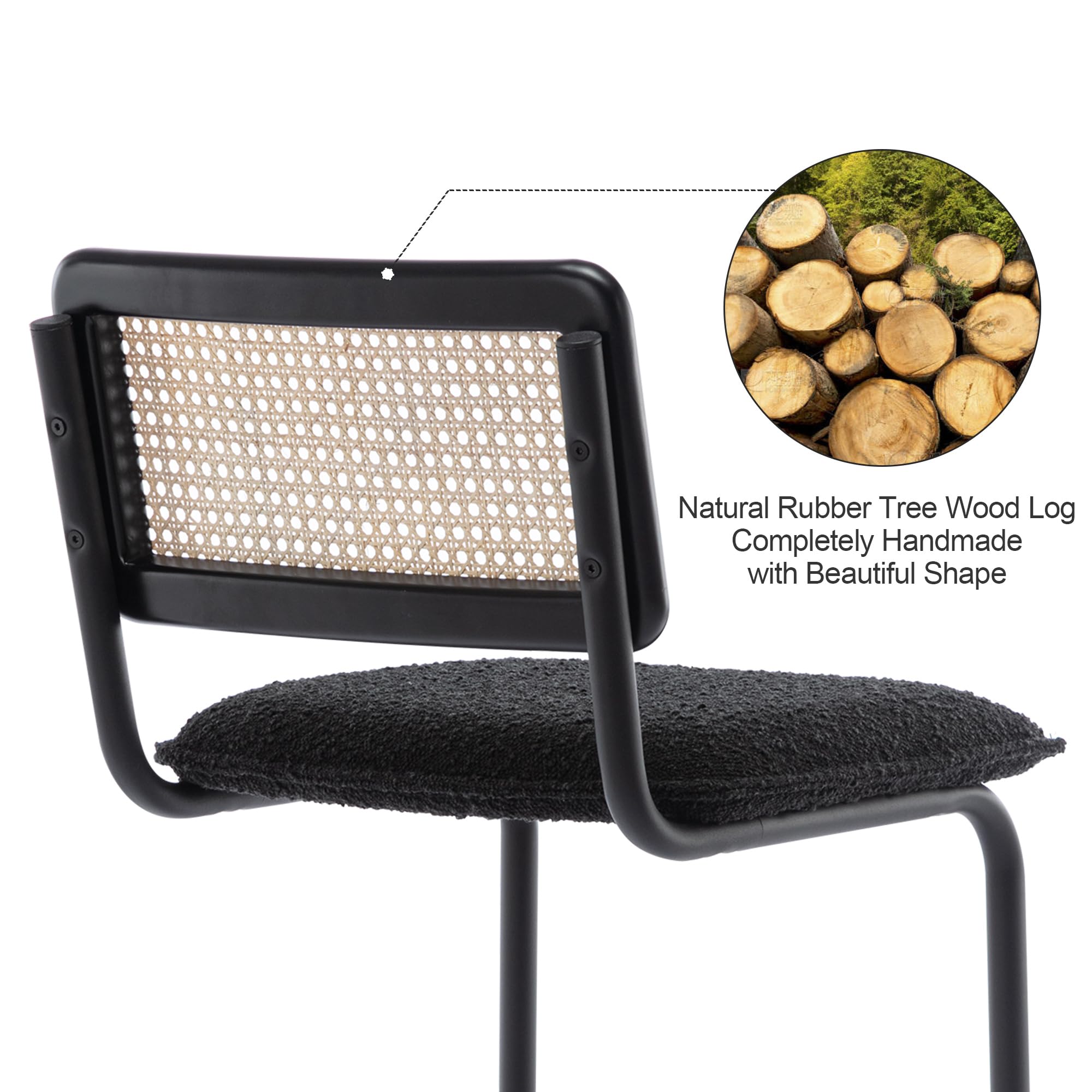 ONEVOG Boucle Rattan Bar Stools Set of 2, 29'' Bar Height Stools with Natural Cane Back, Solid Wood Frame Bar Chairs with Chrome Legs, Cantilevered Design Upholstered Stools, Black