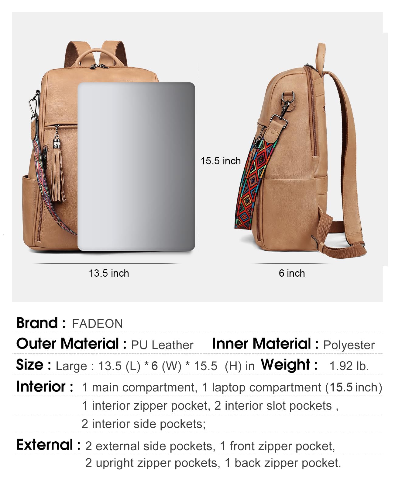 FADEON Laptop Backpack Purse for Women Large Designer PU Leather Laptop Bag, Ladies Computer Shoulder Bags
