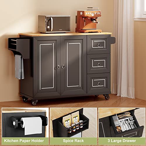 Qsun Kitchen Island with Storage on Wheels with Drop Leaf, Kitchen Island Cart with Rubber Wood Top, Large Storage Cabinet, Three Large Drawers, Side Towel Rack and Spice Rack (Black)