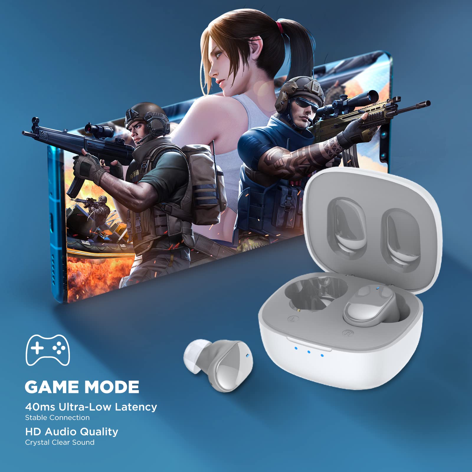 HTC True Wireless Earbuds 7 Bluetooth 5.3, in-Ear Headphones Noise Cancelling for Gaming, Exercising - 40ms Ultra Low Latency/22H Playtime/Game Modes/10mm Driver/Built-in Microphone -Gray