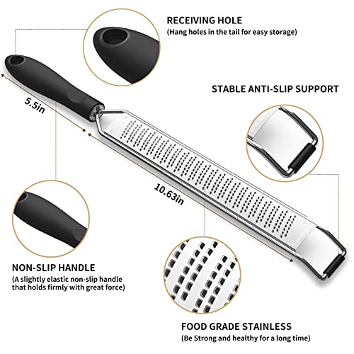 Lemon Zester & Cheese Grater – A Sharp Kitchen Tool for Parmesan, Ginger, Garlic, Nutmeg, Chocolate, Vegetables, Fruits - Stainless steel, Black