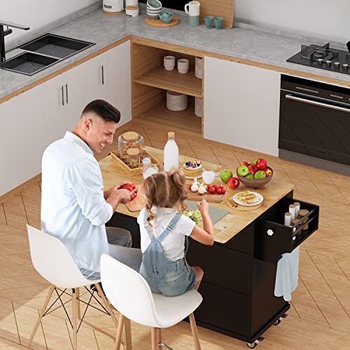 Qsun Kitchen Island with Storage on Wheels with Drop Leaf, Kitchen Island Cart with Rubber Wood Top, Large Storage Cabinet, Three Large Drawers, Side Towel Rack and Spice Rack (Black)
