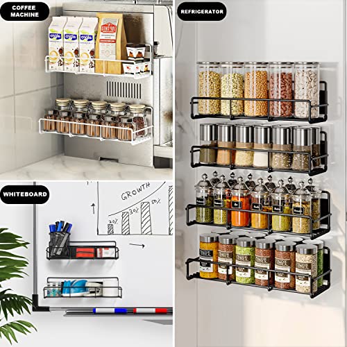Trouwids Magnetic Spice Rack for Refrigerator, 4 Pack Magnetic Shelf Spice Rack Organizer, Metal Magnetic Fridge Shelf with 8 Hooks for Kitchen Fridge Magnet Organizer for Spice Storage (4 Pack, Black)