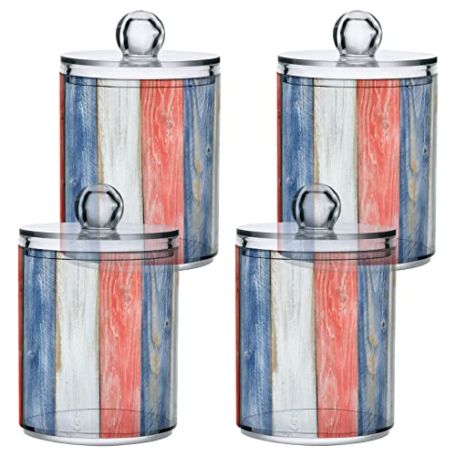 Qtip Holder Dispenser Patriotic Wooden Boards Plastic Apothecary Jar Containers for Vanity Makeup Organizer Storage Bathroom Organizer