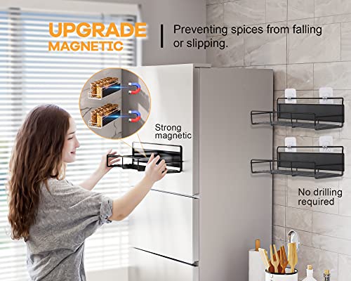 Trouwids Magnetic Spice Rack for Refrigerator, 4 Pack Magnetic Shelf Spice Rack Organizer, Metal Magnetic Fridge Shelf with 8 Hooks for Kitchen Fridge Magnet Organizer for Spice Storage (4 Pack, Black)