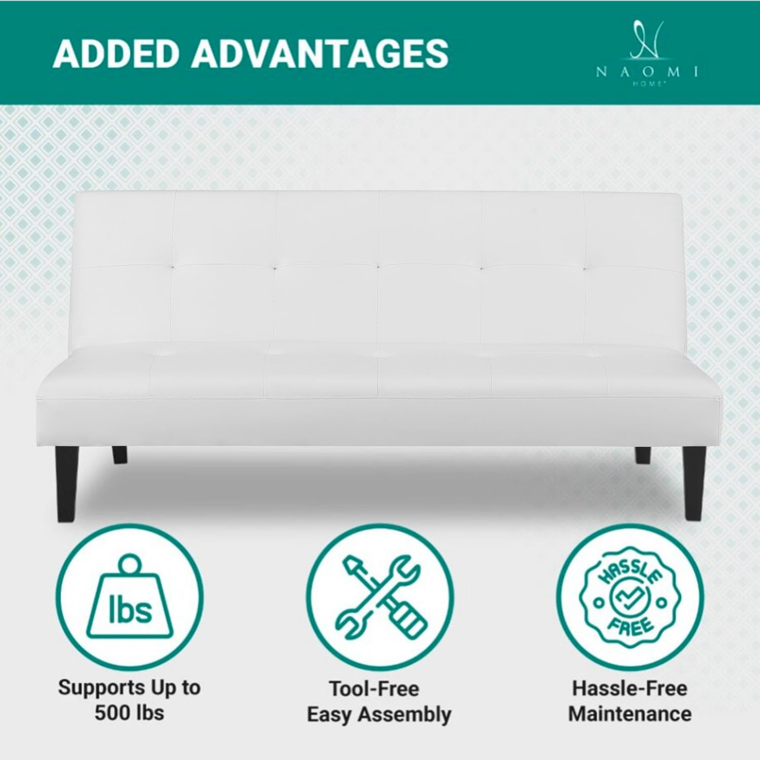 Naomi Home White Faux Leather Convertible Futon Sofa Bed, Button Tufted, 3 Positions, Small Couch Bed with Wooden Legs, 58 lbs, 500 lbs Capacity