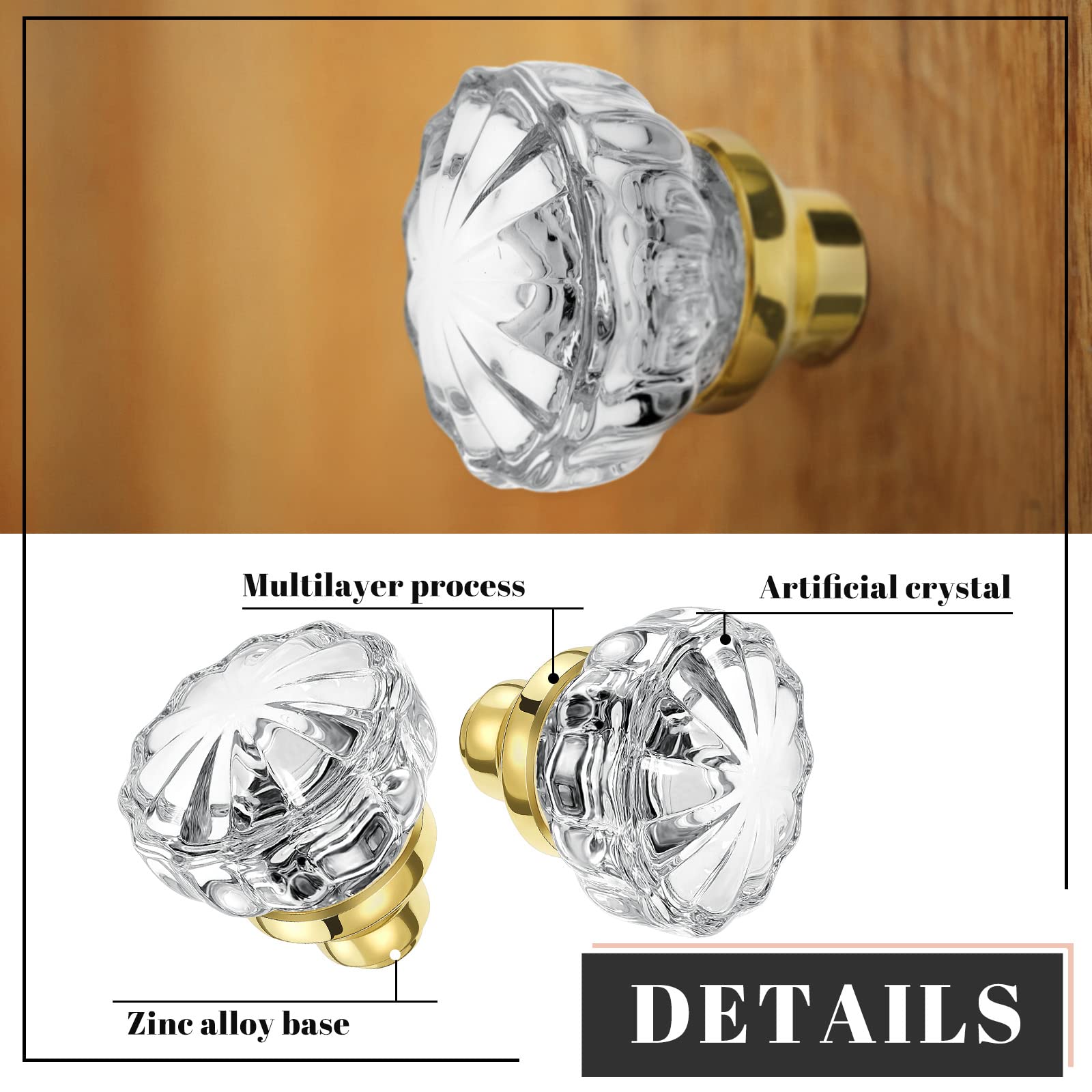 Amylove 2 Set Glass Door Knobs Mortise Style Fluted Crystal Antique Door Knobs with Spindle Antique Doorknobs for Home Interior(Gold,Basic)
