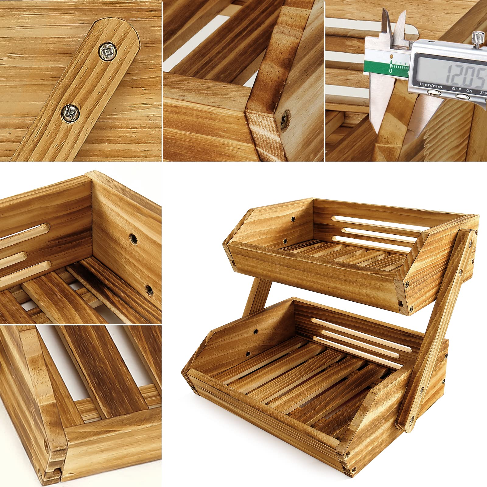 G.a HOMEFAVOR Fruit Basket: 2-Tier Pine Wood Fruit Bowl for Kitchen, Fruit Stand Storage Holder for Vegetables and Snack Home Kitchen Countertop Organizer (Self-assembly)