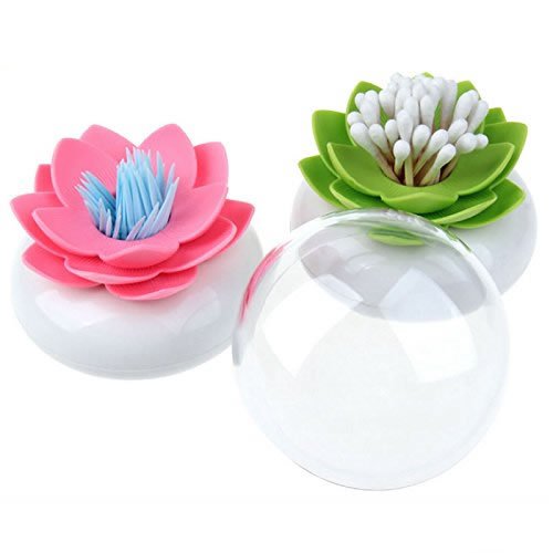 Cafurty Lotus Flowers Cotton Swab Holder, Q-tip Toothpicks Storage Organizer, Bathroom Vanity Canister (Green / Pink)