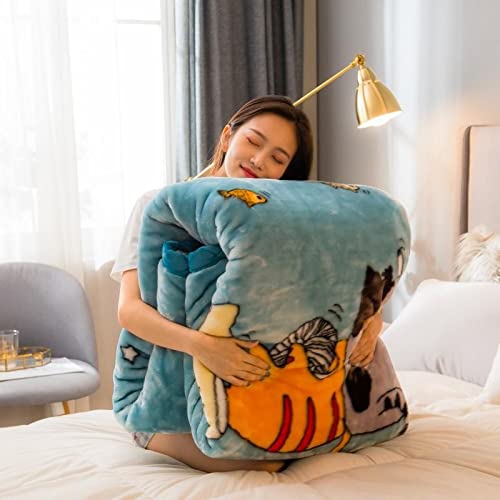 Korean Mink Blanket Plush Blanket Queen Size 80" x 90",8 Pounds Heavy Fleece Blanket Silky Soft Warm 2 Ply Cat Family Blue Throw A&B Printed Raschel Bed Blanket