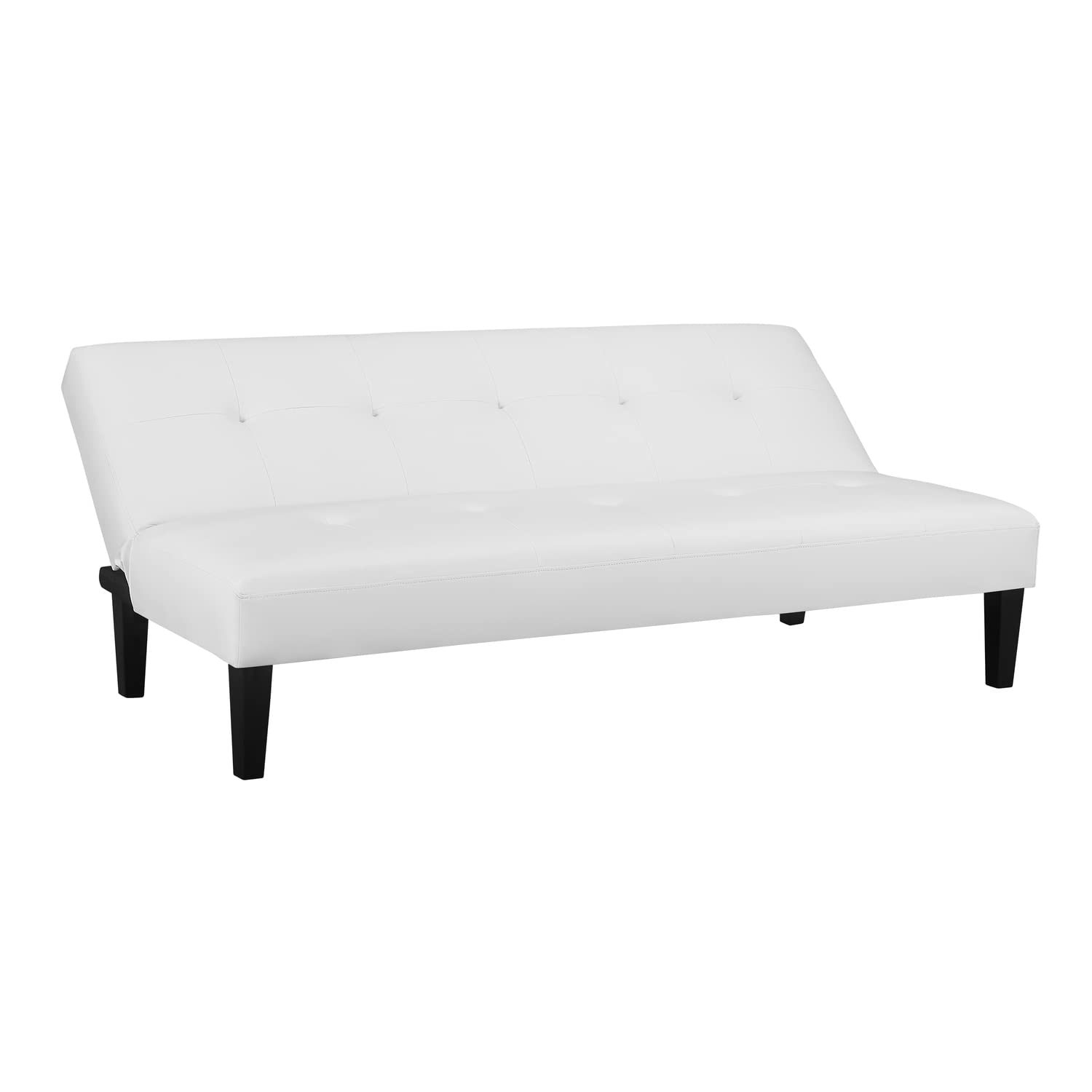Naomi Home White Faux Leather Convertible Futon Sofa Bed, Button Tufted, 3 Positions, Small Couch Bed with Wooden Legs, 58 lbs, 500 lbs Capacity