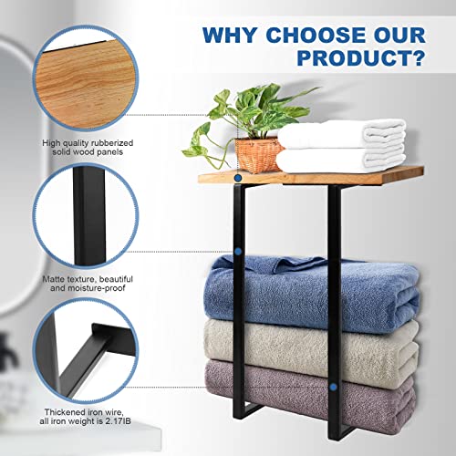 Wellsign Towel Racks for Bathroom Wall Mounted, Metal Towel Holders with Wooden Shelf for Small Bathroom, Rv, Camper Rolled Bath Towel and Hand Towels Holder Storage and Organization Decor