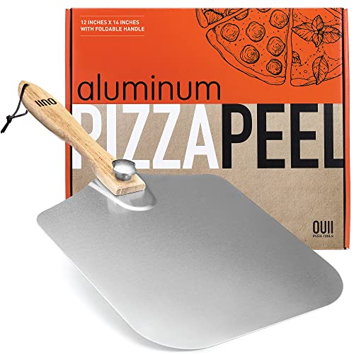 OUII Aluminum Pizza Peel Metal - 12 x 14 Inch. Pizza Spatula for Oven with Foldable Wood Handle. Pizza Oven Accessories and Pizza Tools. Pizza Turning Peel, Bread Peel, Pastry, Dough, Cake Spatula