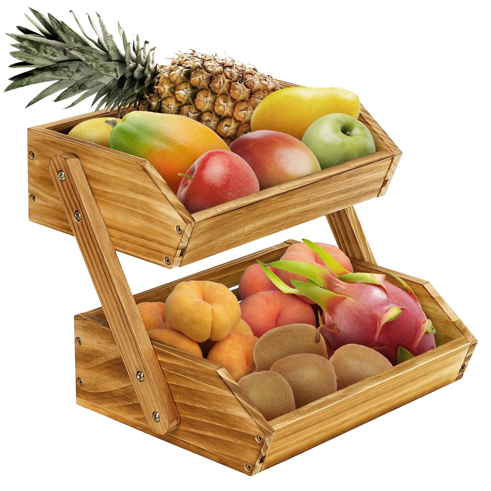 G.a HOMEFAVOR Fruit Basket: 2-Tier Pine Wood Fruit Bowl for Kitchen, Fruit Stand Storage Holder for Vegetables and Snack Home Kitchen Countertop Organizer (Self-assembly)