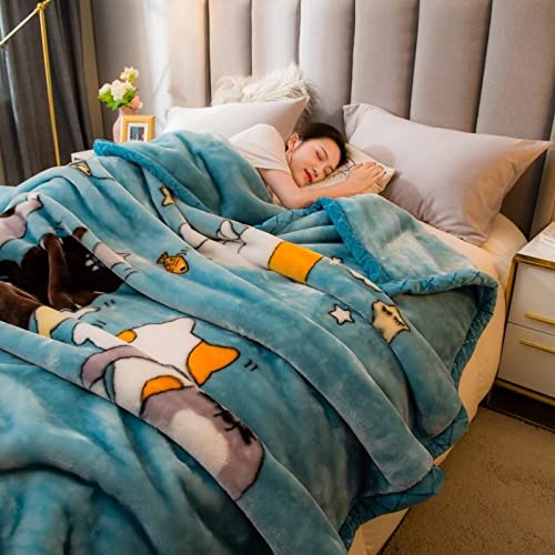 Korean Mink Blanket Plush Blanket Queen Size 80" x 90",8 Pounds Heavy Fleece Blanket Silky Soft Warm 2 Ply Cat Family Blue Throw A&B Printed Raschel Bed Blanket