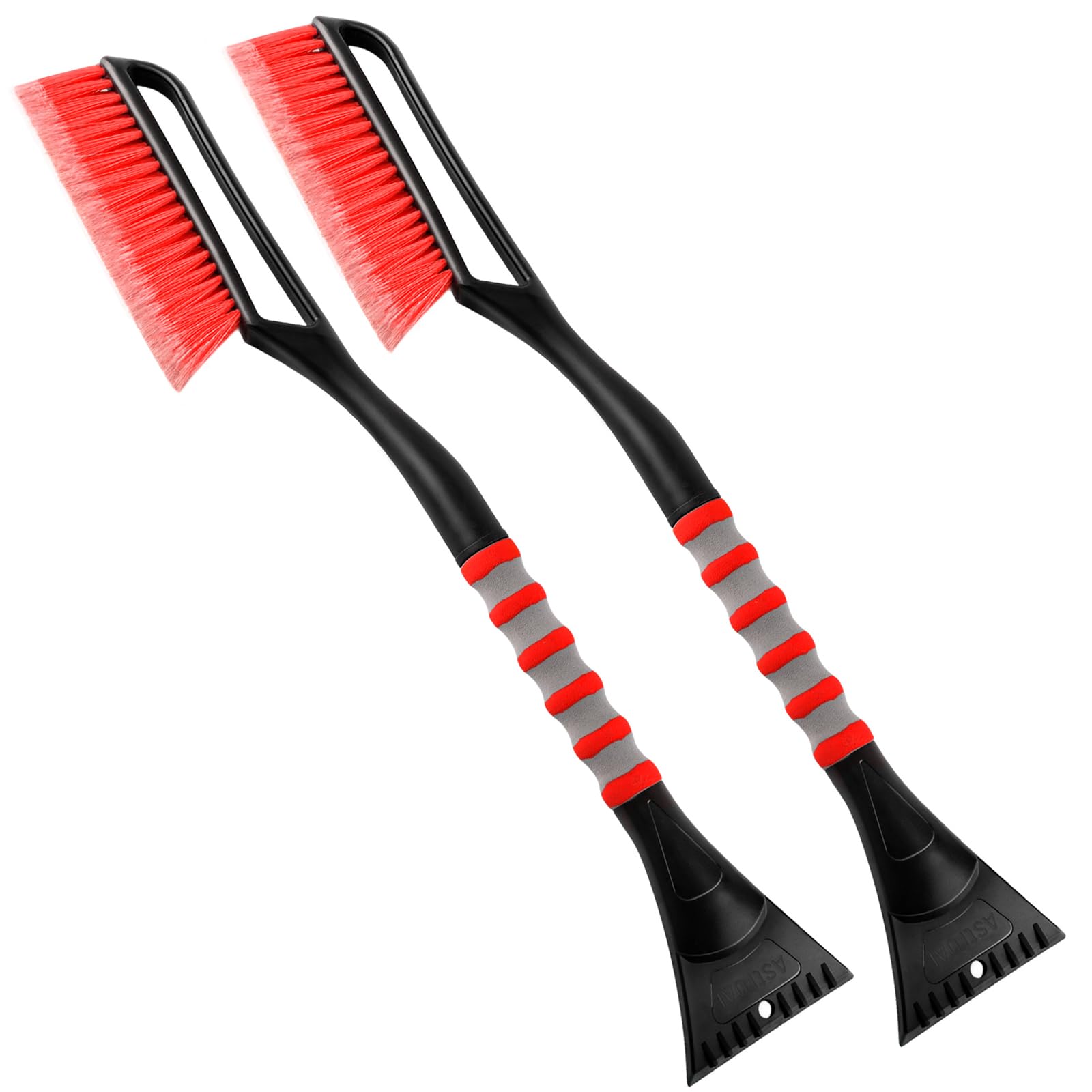 AstroAI 2 Pack 27" Snow Brush and Ice Scrapers for Car Windshield, Detachable Snow Scrapers with Ergonomic Foam Grip for Cars, Trucks, SUVs (Heavy Duty ABS, PVC Brush, Red)