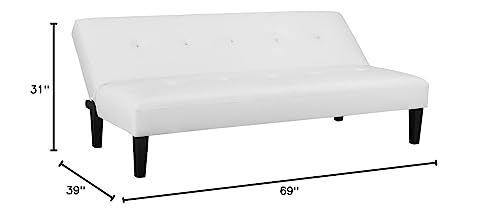 Naomi Home White Faux Leather Convertible Futon Sofa Bed, Button Tufted, 3 Positions, Small Couch Bed with Wooden Legs, 58 lbs, 500 lbs Capacity