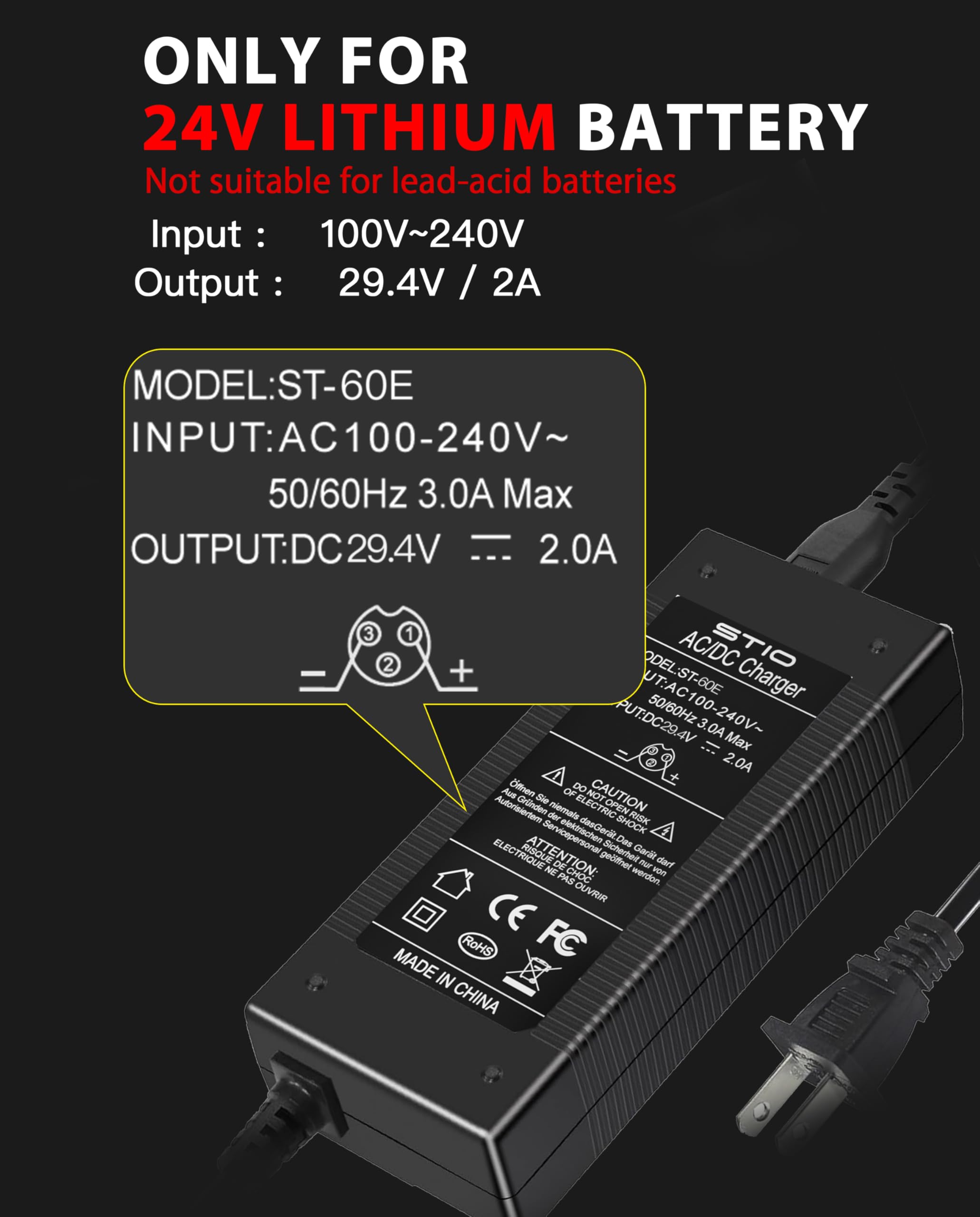 stio Universal Battery Charger for Razor, 29.4V 2A Power Supply 3Prong DC5.5-2.5/2.1 XLR Connector for Wheelchairs, Dirt Quad, Sports Mod 24V Lithium Battery Power Adapter