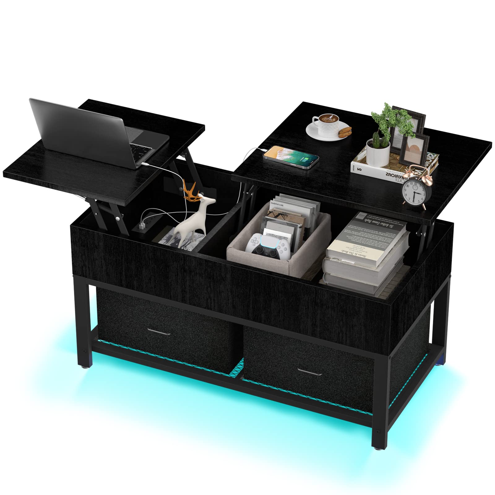 Hasipu Lift Top Coffee Table with Storage for Living Room LED Furniture 39.4",Modern Square Center Tables with USB Charging Port, Black