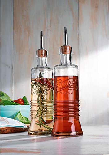 MosJos Oil and Vinegar Bottles 16.9oz - Authentic Mason Original Olive Oil Glass Bottle Set - Strong Stainless Steel Top with Cork Base, Beautiful Modern Design