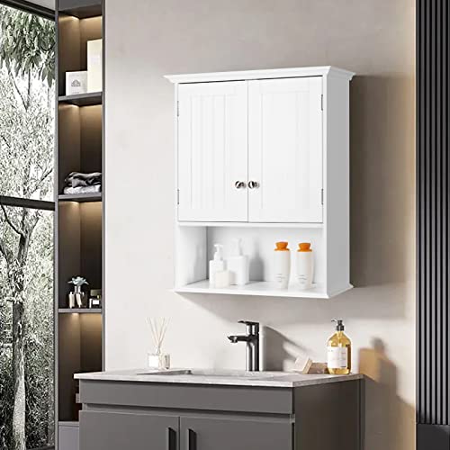 Bathroom Wall Cabinet Mounted with 2 Doors and Adjustable Shelves, 24" x 28" Wooden Medicine Cabinet Over Toilet Storage Wall Hanging Cabinets for Bathroom Bedroom Kitchen Laundry Room