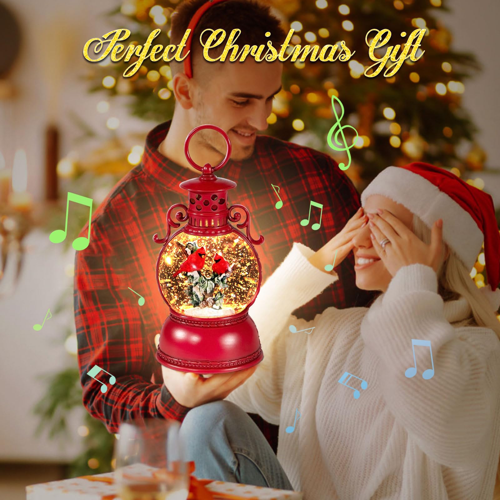 Christmas Snow Globes, Cardinal Christmas Water Globes with 8 Songs, 6H Timer Battery & USB Powered Glitter Snow Globe Music Box Suitable for Christmas Home Decorations Holiday Party Gifts