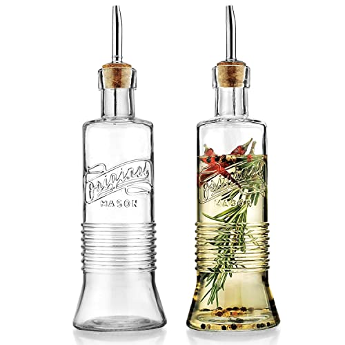 MosJos Oil and Vinegar Bottles 16.9oz - Authentic Mason Original Olive Oil Glass Bottle Set - Strong Stainless Steel Top with Cork Base, Beautiful Modern Design