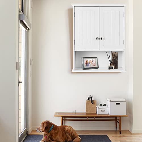Bathroom Wall Cabinet Mounted with 2 Doors and Adjustable Shelves, 24" x 28" Wooden Medicine Cabinet Over Toilet Storage Wall Hanging Cabinets for Bathroom Bedroom Kitchen Laundry Room