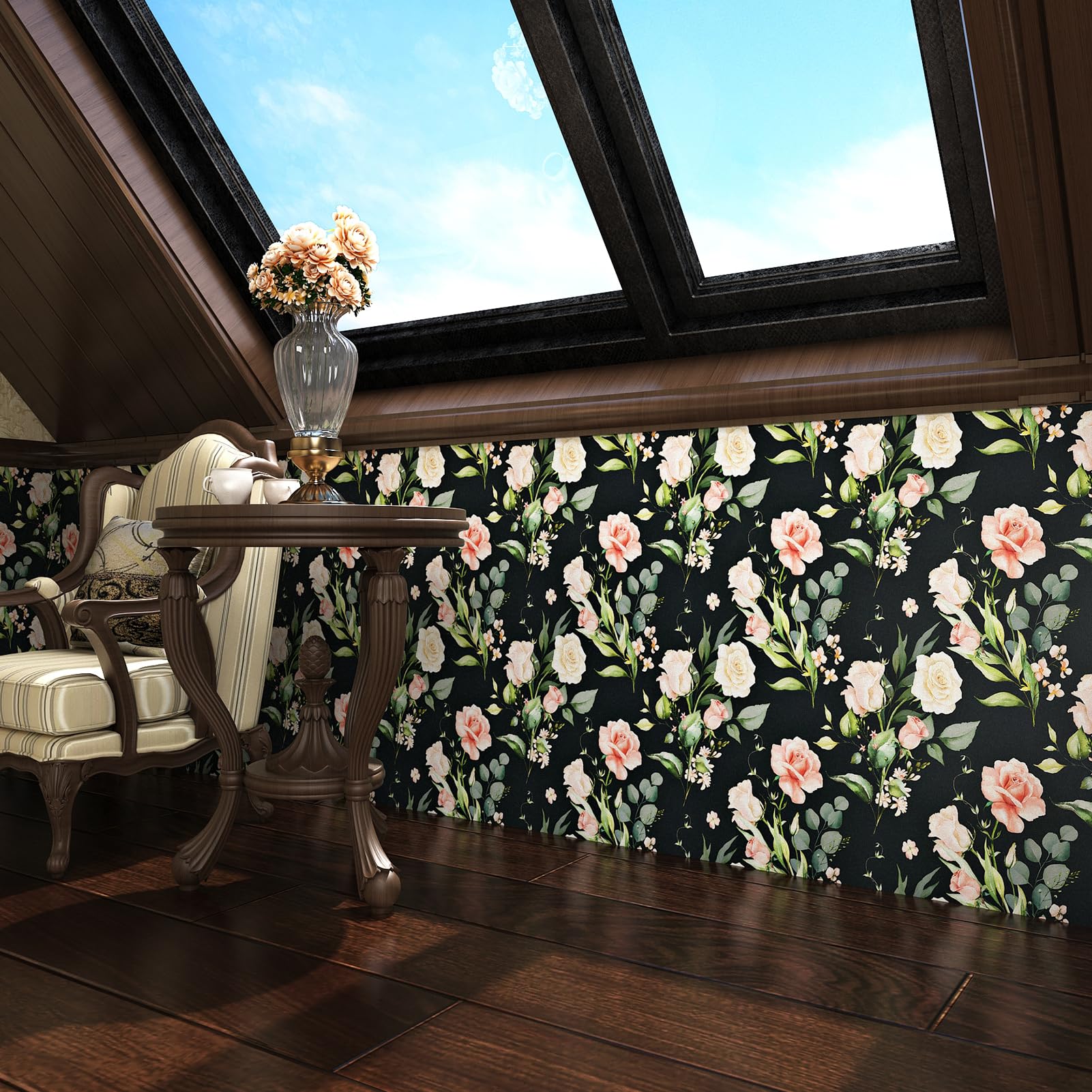 HotDecor Dark Floral Peel and Stick Wallpaper Vintage Pink Rose Black Floral Floral Wallpaper for Walls Bedroom Bathroom Cabinet Shelve Removable Retro Prepasted Contact Paper Vinyl Renter Friendly