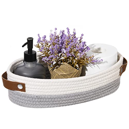 Lewondr Woven Storage Basket with Leather Handles, Small Cotton Rope Basket for Toilet Tank Top, Farmhouse Decor Basket for Bathroom Bedroom Laundry Countertop Storage Paper Towel Toy, White + Gray