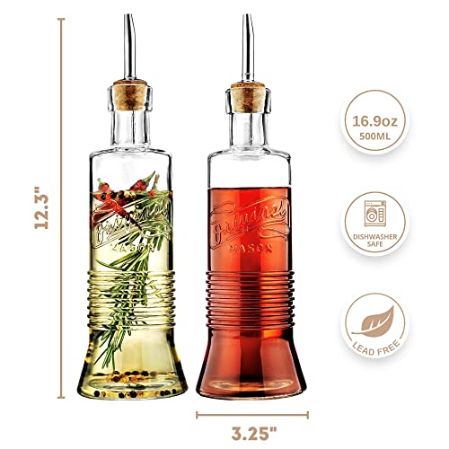 MosJos Oil and Vinegar Bottles 16.9oz - Authentic Mason Original Olive Oil Glass Bottle Set - Strong Stainless Steel Top with Cork Base, Beautiful Modern Design
