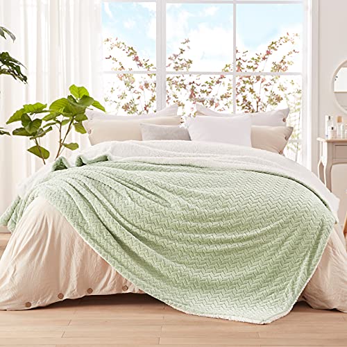 SunStyle Home Sherpa Fleece Blanket Full Sage Green Soft Cozy Plush Fluffy Flannel Thick Blanket Leaf Jacquard Luxury Winter Warm Reversible Blankets for Couch, Sofa, Bed 60X80