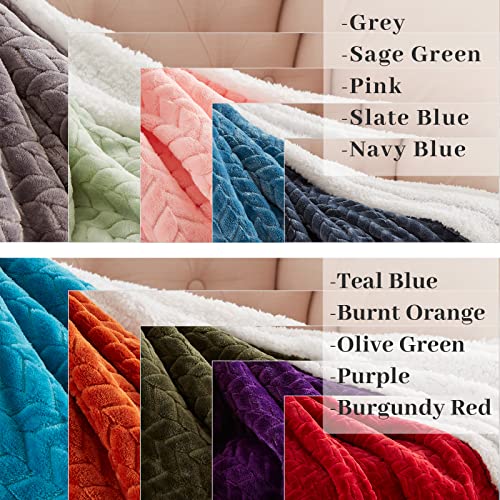 SunStyle Home Sherpa Fleece Blanket Full Sage Green Soft Cozy Plush Fluffy Flannel Thick Blanket Leaf Jacquard Luxury Winter Warm Reversible Blankets for Couch, Sofa, Bed 60X80