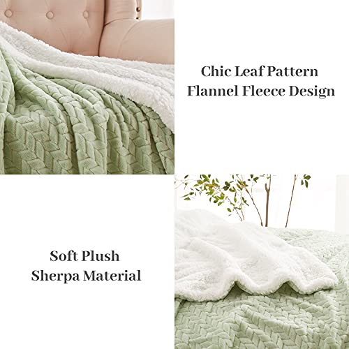 SunStyle Home Sherpa Fleece Blanket Full Sage Green Soft Cozy Plush Fluffy Flannel Thick Blanket Leaf Jacquard Luxury Winter Warm Reversible Blankets for Couch, Sofa, Bed 60X80