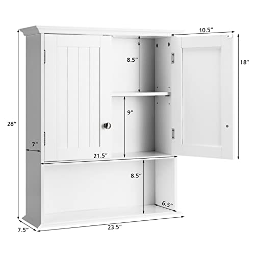 Bathroom Wall Cabinet Mounted with 2 Doors and Adjustable Shelves, 24" x 28" Wooden Medicine Cabinet Over Toilet Storage Wall Hanging Cabinets for Bathroom Bedroom Kitchen Laundry Room