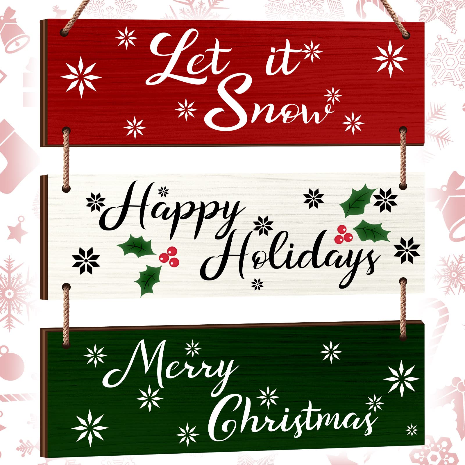 3 Pieces Christmas Wood Signs Hanging Wood Wall Sign Snowflake Wall Decor Wooden Hanging Ornaments for Front Door Porch Indoor Outdoor Home Decor (Fresh Pattern)
