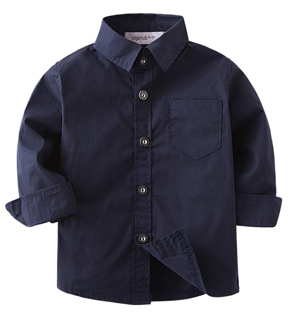 stylesilove Toddler Little Boy Long Sleeve Cotton Button Down Shirt for Casual, Formal Event and Special Occasions (Navy Blue, 2T)