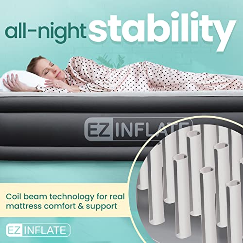 EZ INFLATE Air Mattress with Built in Pump - Full Size Double-High Inflatable Mattress with Flocked Top - Easy Inflate, Waterproof, Portable Blow Up Bed for Camping & Travel