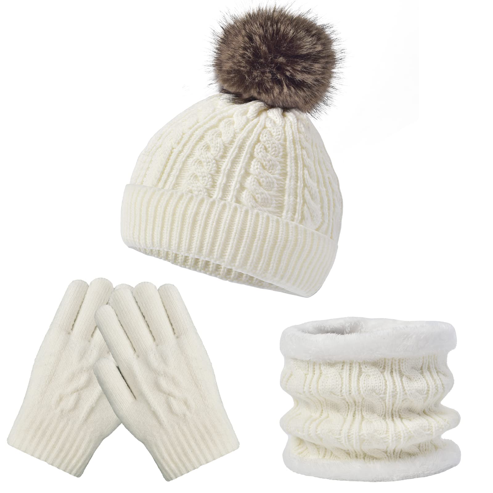 Kids Hat Gloves Scarf Set Girls Boys Winter Warm Knitted Beanie Knit Fleece Lined Neck Warmer Scarves Thick Thermal Cap with Cute Furry Pom White 3Pcs Cold Weather Snow Accessories for Children Child