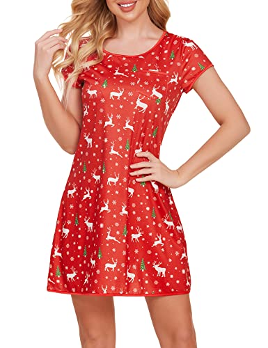 Ekouaer Womens Nightgown Sleep Shirt Dress Satin Patchwork Short Sleeve Sleepwear with Pocket Red Christmas XL