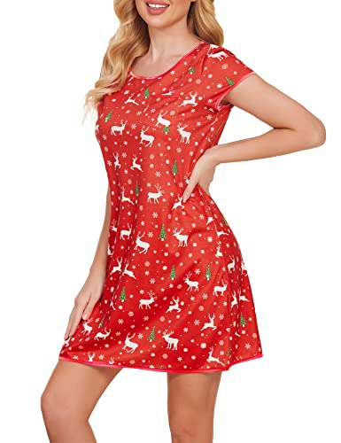 Ekouaer Womens Nightgown Sleep Shirt Dress Satin Patchwork Short Sleeve Sleepwear with Pocket Red Christmas XL