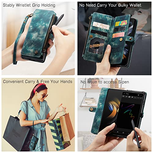 Defencase Wallet Case Compatible with Samsung Galaxy Z Fold 4 with Card Holder PU Leather Magnetic Snap Flip Zipper Strap Phone Case Fit for Galaxy Z Fold 4, Fashion Blue