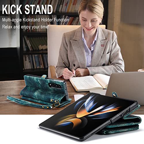 Defencase Wallet Case Compatible with Samsung Galaxy Z Fold 4 with Card Holder PU Leather Magnetic Snap Flip Zipper Strap Phone Case Fit for Galaxy Z Fold 4, Fashion Blue