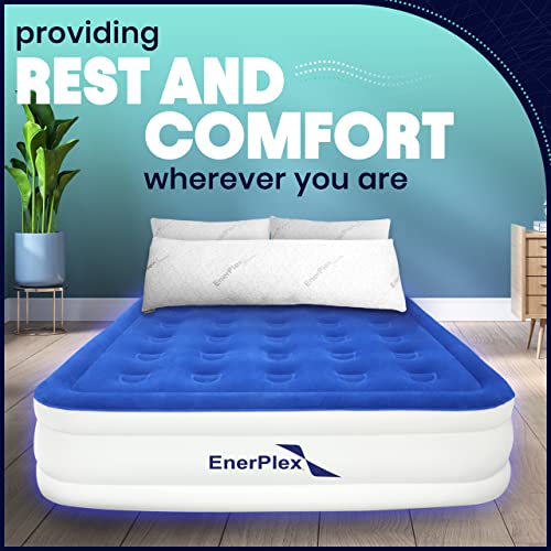 EnerPlex Queen Air Mattress with Built-in Pump - 13 Inch Double Height Inflatable Mattress for Camping, Home & Portable Travel - Durable Blow Up Bed with Dual Pump - Easy to Inflate/Quick Set Up