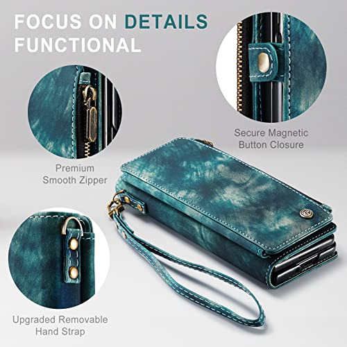 Defencase Wallet Case Compatible with Samsung Galaxy Z Fold 4 with Card Holder PU Leather Magnetic Snap Flip Zipper Strap Phone Case Fit for Galaxy Z Fold 4, Fashion Blue